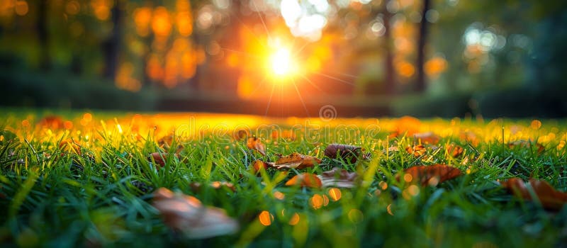 A Field of Grass with Leaves on the Ground and a Sun in the Sky Stock ...