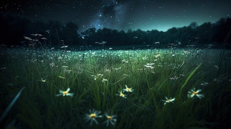A Field of Grass with a Night Sky in the Background Stock Illustration ...