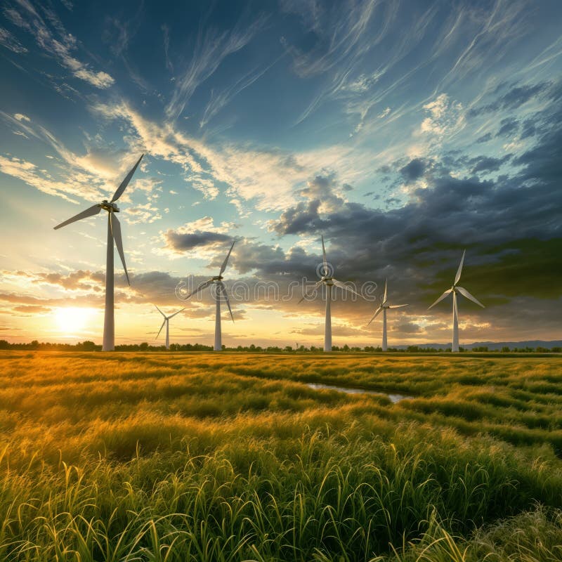 Seven Windmills in a Field with Cloudy Sunset Sky., Generative Ai Stock ...