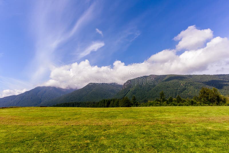 Blue Sky With White Clouds And Field With Green Grass In The For Stock