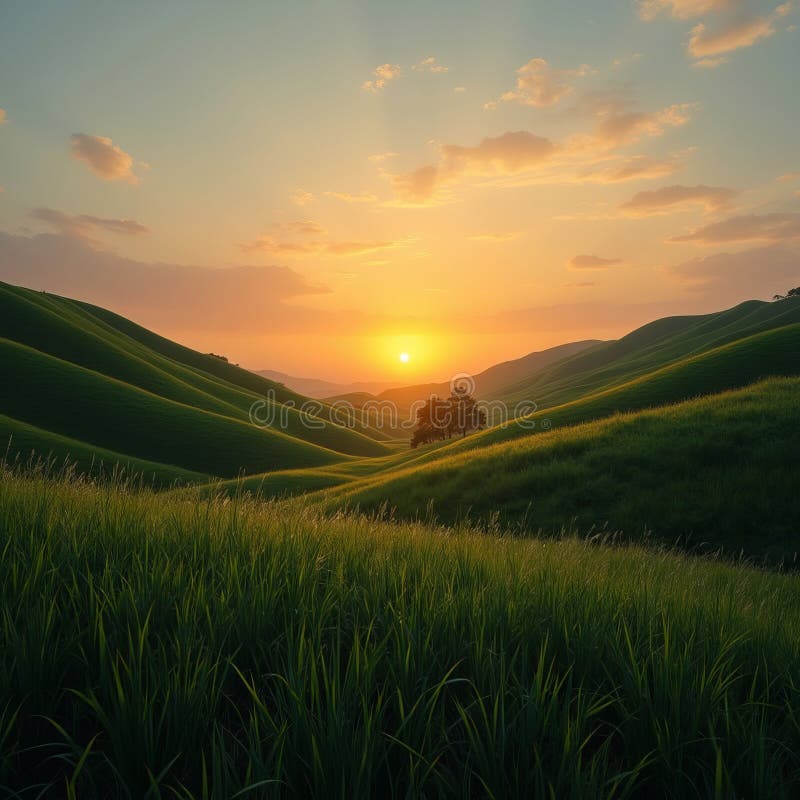 A Field of Green Grass with a Lone Tree in the Distance Stock Image ...