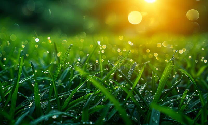 A Field of Green Grass with Raindrops on it. the Grass is Wet and the ...
