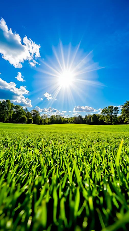 A Field of Green Grass with the Sun Shining through the Clouds Stock ...