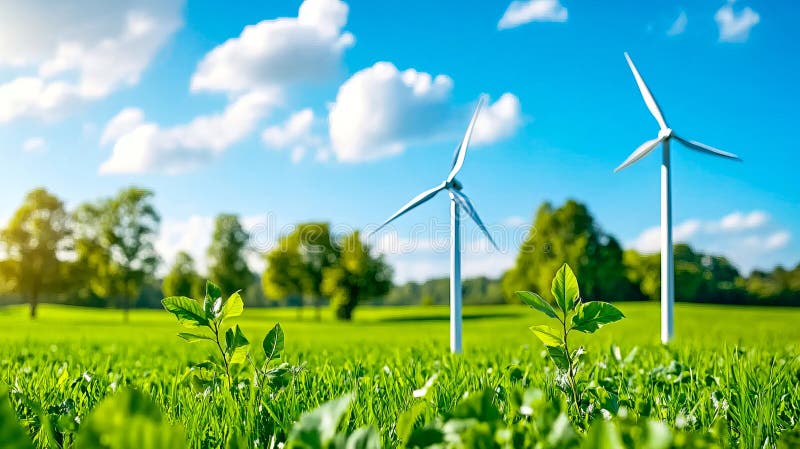 A Field of Green Grass with Wind Turbines in the Background Stock Photo ...