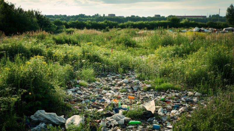 A Field of Green Grass, Yellow Wildflowers, and Scattered Trash Stock ...