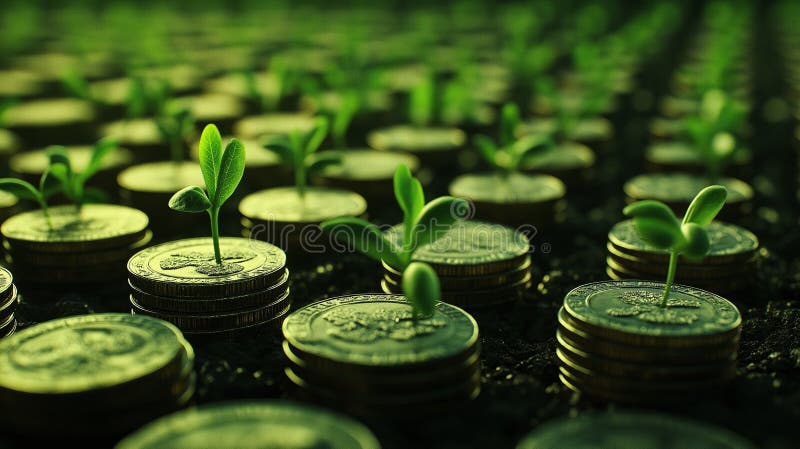 Field of Green Sprouts Growing from Stacks of Coins, Symbolizing ...