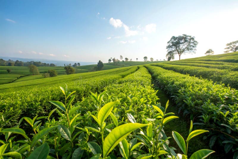 A Field of Green Tea Plants Under a Clear Sky Stock Image - Image of ...