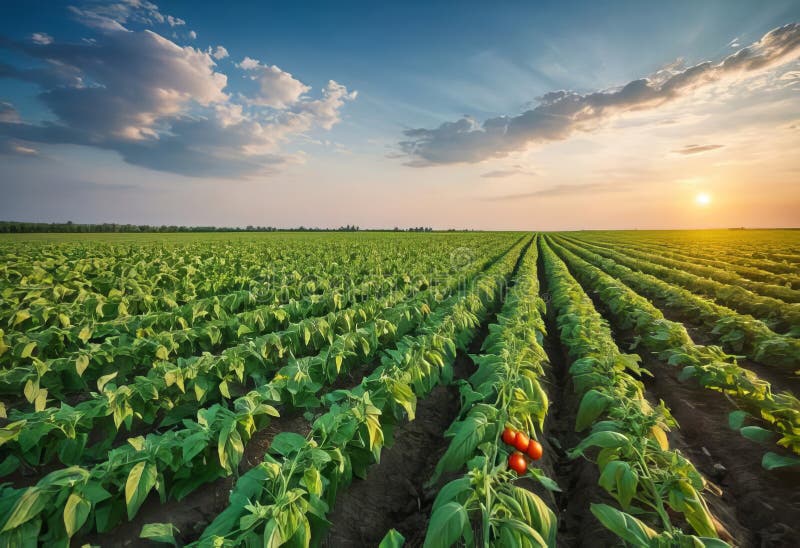 A Field of Green Tomato Plants at Sunset in Ukraine Stock Illustration ...