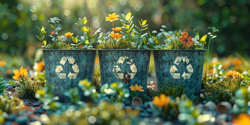 The Field Has Three Recycling Bins Filled with Flowers Stock Photo ...