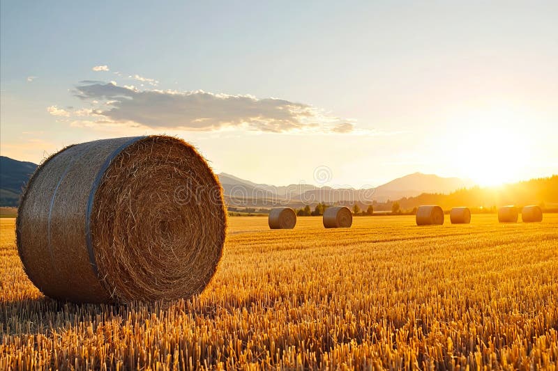 A Field of Hay Bales in the Middle of a Field at Sunset Stock Image ...