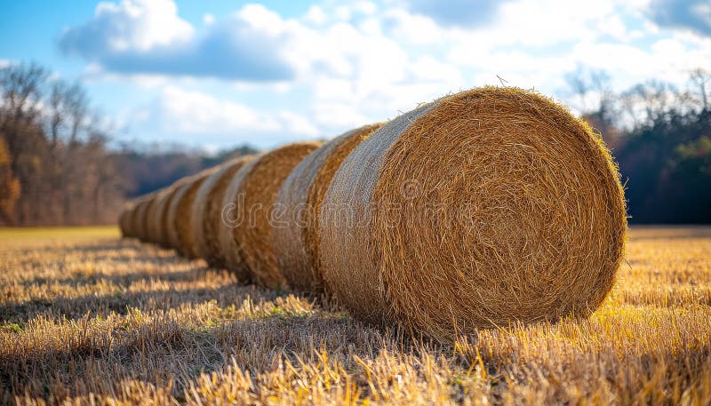 A Field of Hay is Shown with a Long Row of Hay Bales Stock Photo ...