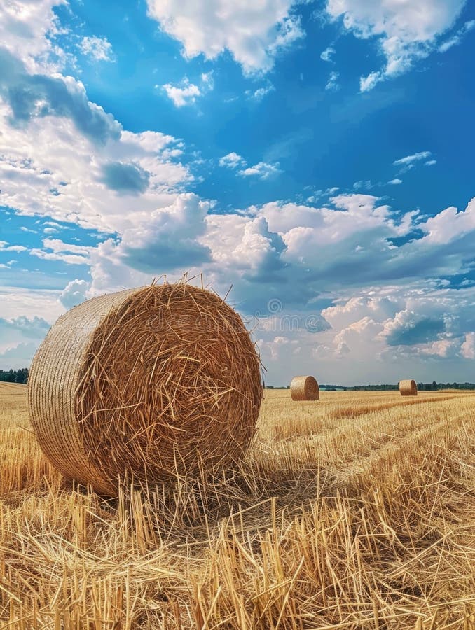 Field of Hay with Three Large Round Bales of Hay in Foreground Stock ...