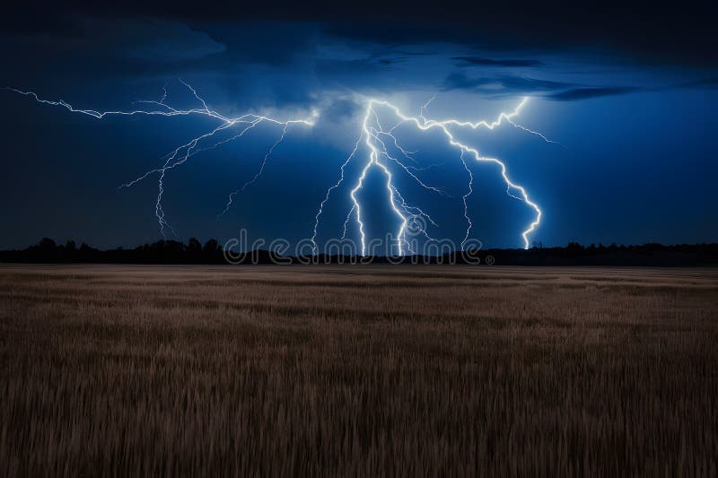 Field Illuminated by Lightning Strikes in the Dead of Night Stock ...