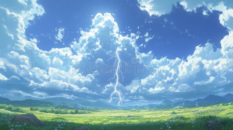 A Field with a Large Cloud in the Sky and a Lightning Bolt Stock ...