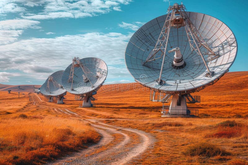 A Field with Large Satellite Antennas. the Concept of Communication ...