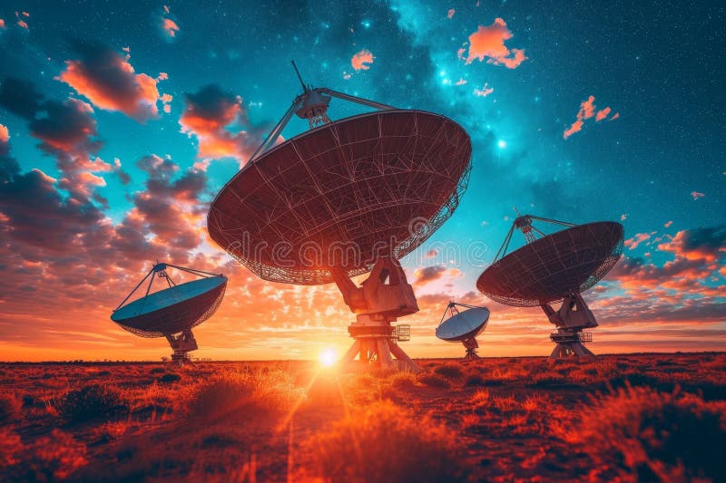 A Field with a Large Satellite Dish at Sunset. the Concept of ...