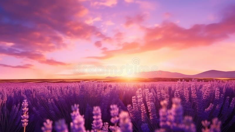 Lavender Field at Sunset stock illustration. Illustration of seasonal ...