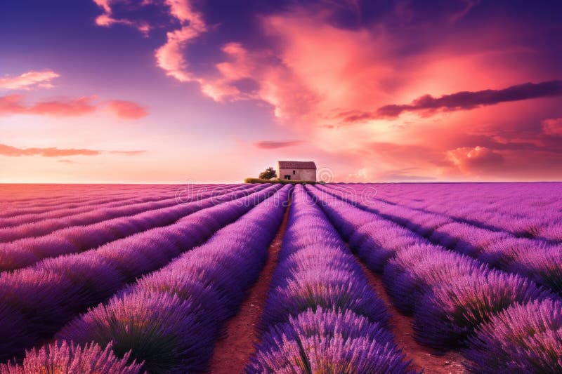 A Field of Lavender with a House in the Distance Stock Illustration ...