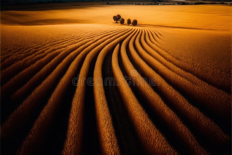 A Field with a Line of Trees in the Distance and a Sunset in the ...