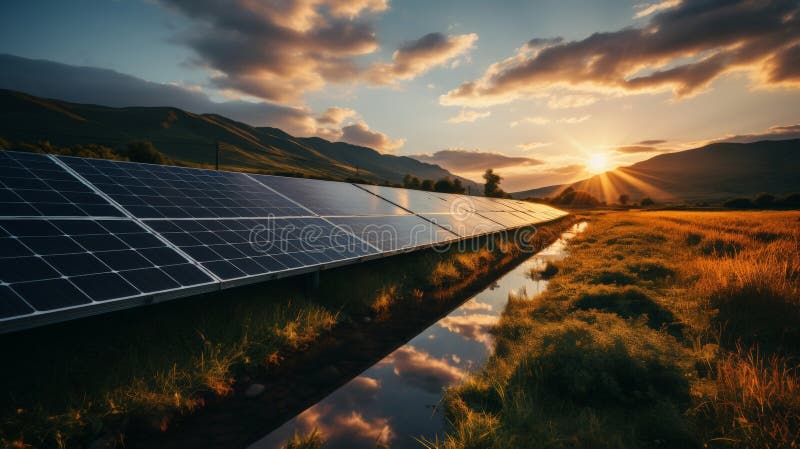 Field with Long Solar Panel Capturing Sunlight To Generate Renewable ...