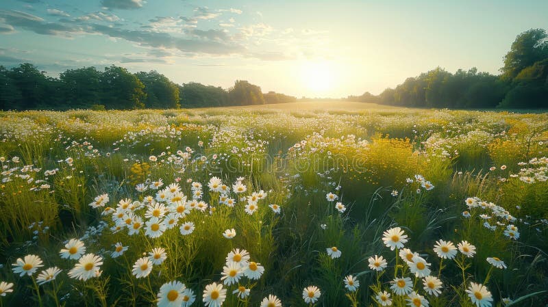 Field Meadow with Flowers . Field Flowers at Sunset Stock Image - Image ...