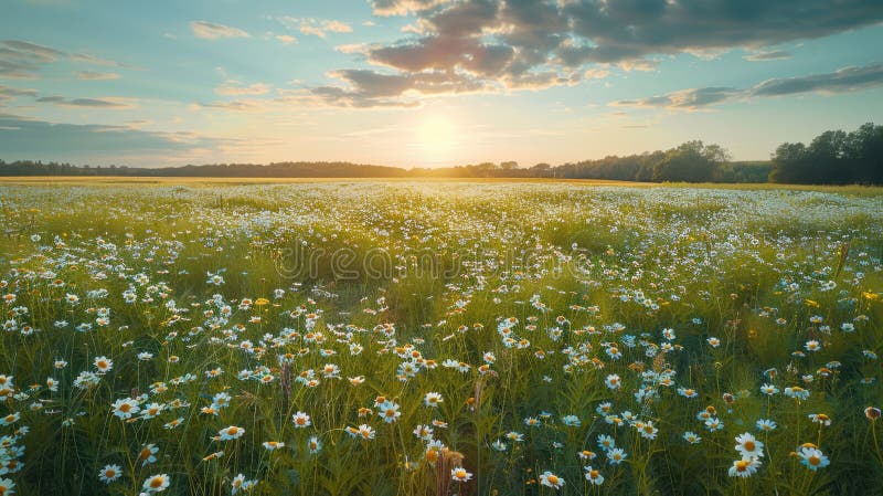 Field Meadow with Flowers . Field Flowers at Sunset Stock Photo - Image ...