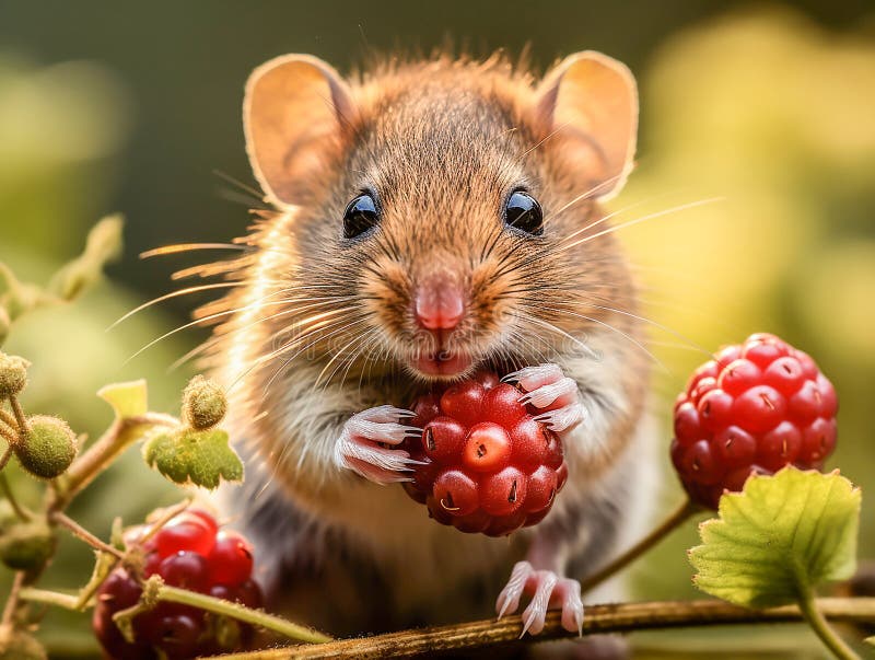 The Field Mouse Dropped on the Plant Branch and Eats the Berry Stock ...