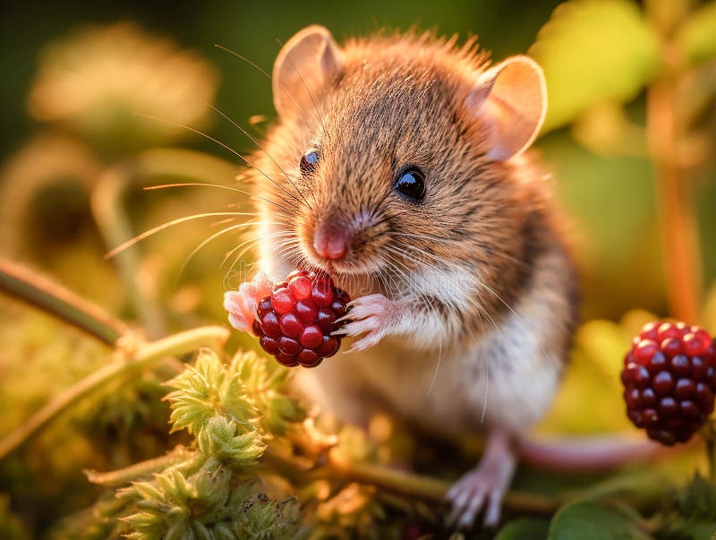 The Field Mouse Dropped on the Plant Branch and Eats the Berry Stock ...