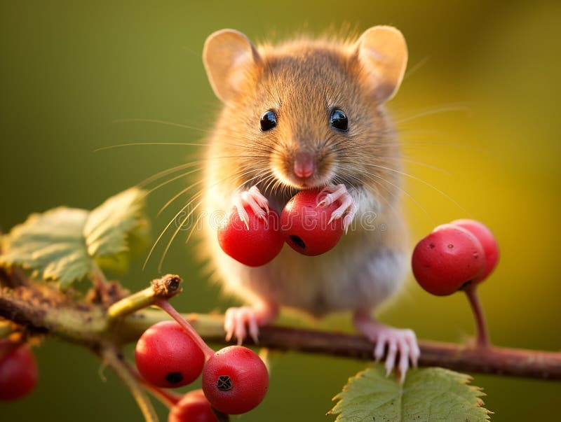 The Field Mouse Eats Berry from the Branch of the Plant Stock ...