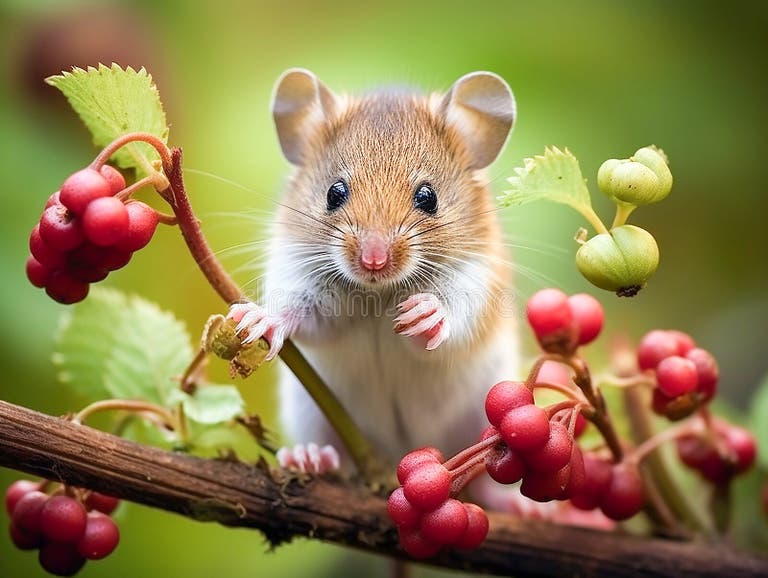 The Field Mouse Eats Berry from the Branch of the Plant Stock ...