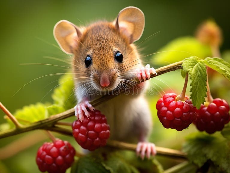 The Field Mouse Eats the Raspberry from the Branch of the Plant Stock ...