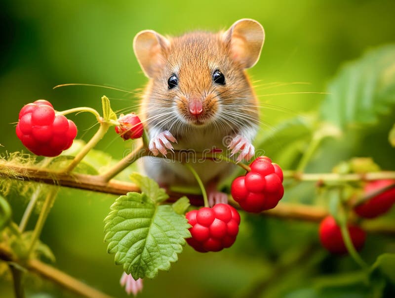 The Field Mouse Eats the Raspberry from the Branch of the Plant Stock ...