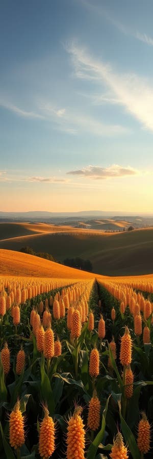 A Field of Orange Corn Grows in Rolling Hills Under a Blue Sky with ...