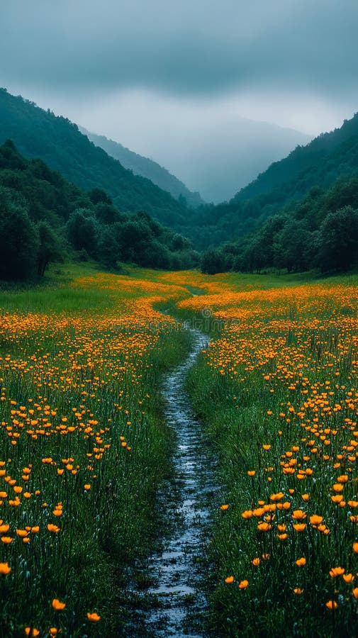 A Field of Orange Flowers in the Middle of a Grassy Field Stock Photo ...
