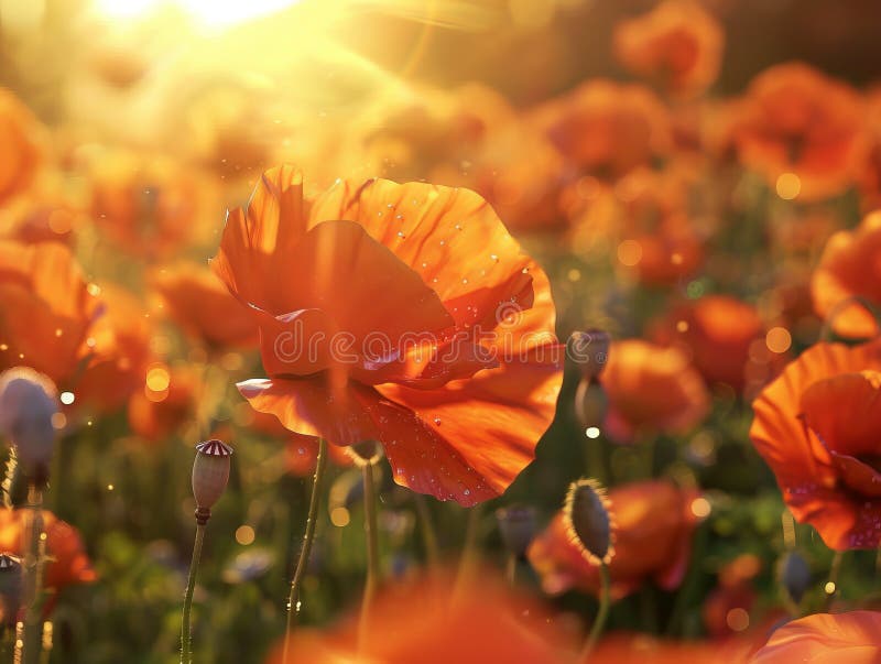 A Field of Orange Poppies with the Sun Shining Stock Image - Image of ...