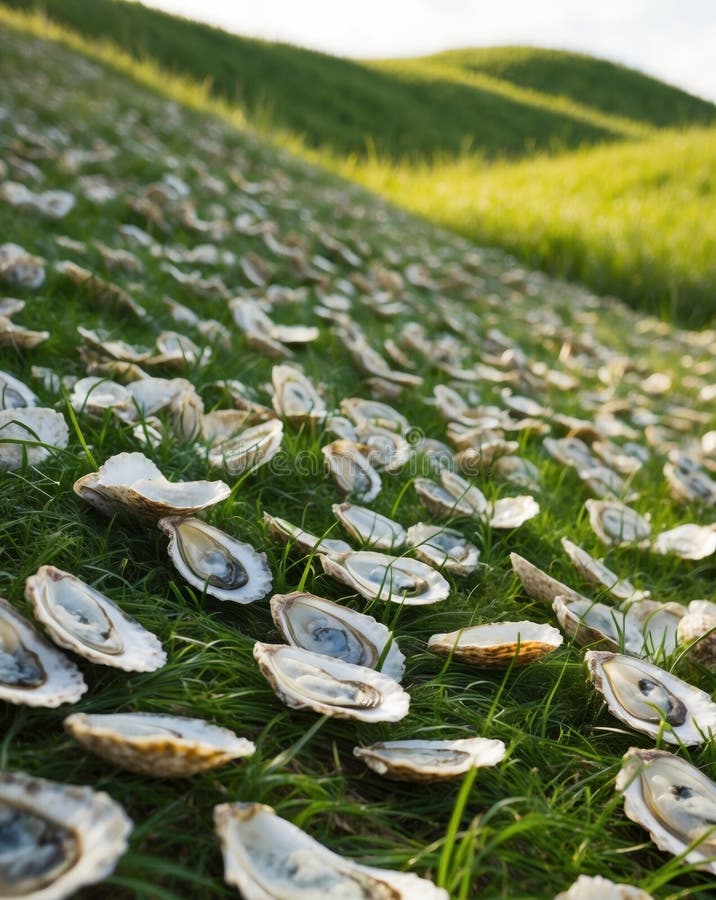 A Field of Oyster Shells is Scattered Across a Grassy Hillside Stock ...