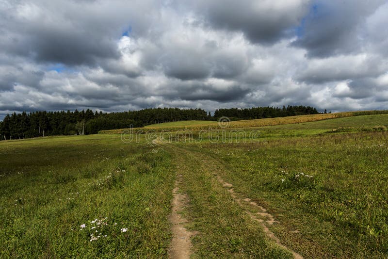 Field Path Leading To the Forest and Dark Clouds Stock Image - Image of ...
