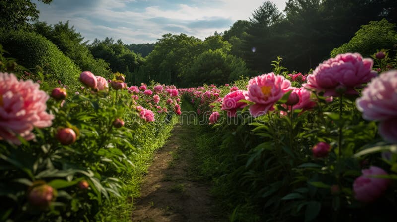 A Field of Pink Flowers with a Path through it Stock Image - Image of ...
