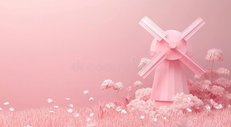 In a Field of Pink Flowers, a Pink Windmill Stands Against an Entirely ...
