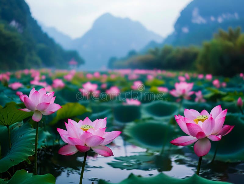A Field of Pink Lotus Flowers in the Middle of a Pond Stock Image ...