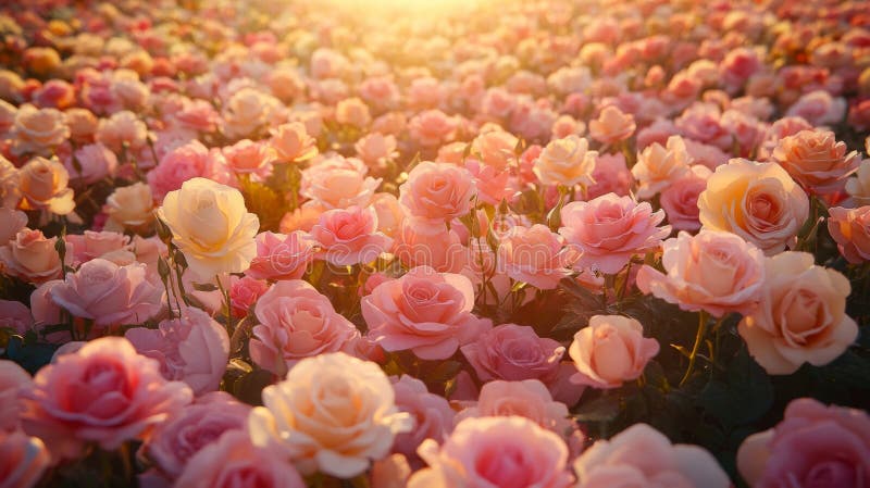 A Field of Pink and Peach Roses Bathed in Sunset Light Stock ...