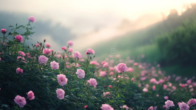 A Field of Pink Roses Blooming at Sunset Stock Illustration ...