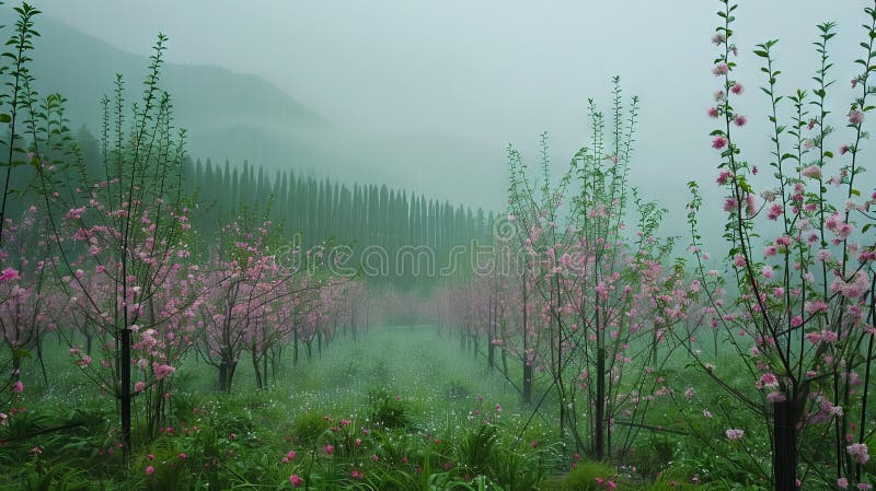 A Field of Pink Trees in the Mist Stock Image - Image of trees, lake ...