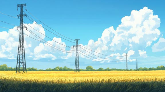 A Field with Power Lines and a Blue Sky Stock Illustration ...
