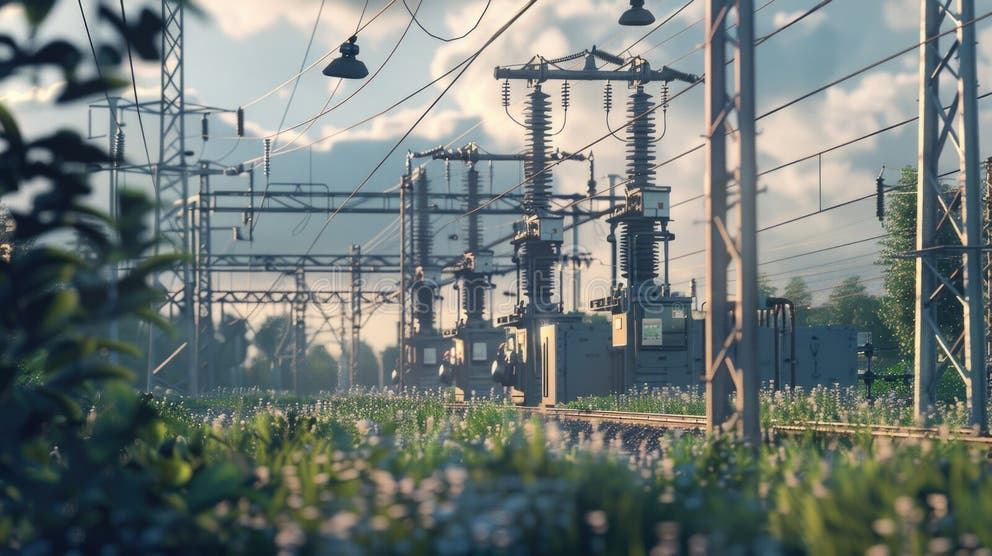 Field with Power Lines and Electrical Equipment, Suitable for ...