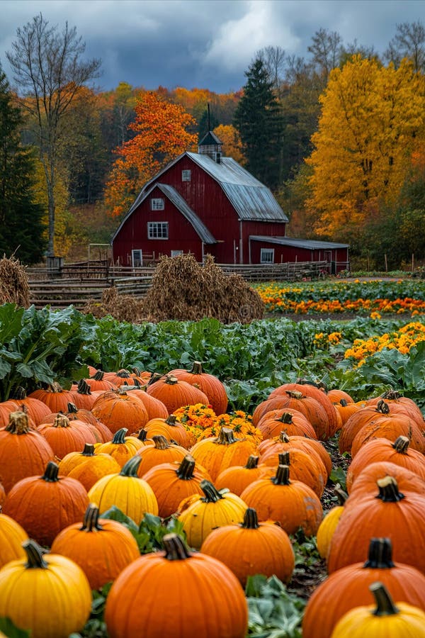 A Field of Pumpkins in Front of a Red Barn in the Fall Stock Image ...