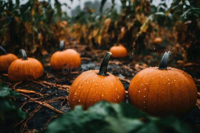 A Field of Pumpkins in the Rain. AI Generative Image. Stock ...