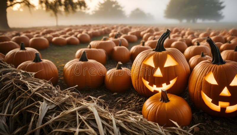 A Field of Pumpkins with Some of Them Having Faces on Them Stock ...