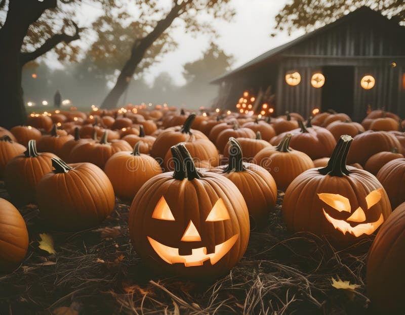 A Field of Pumpkins with Some of Them Having Faces on Them Stock ...