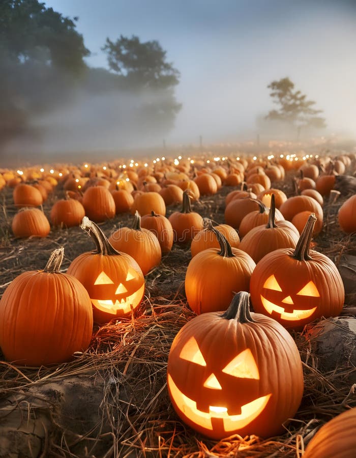 A Field of Pumpkins with Some of Them Having Faces on Them Stock ...